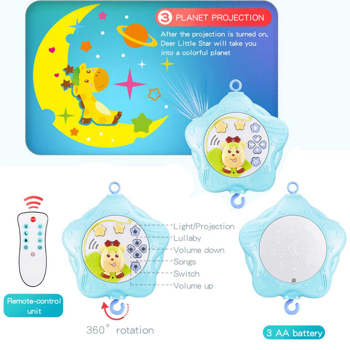 Caterbee Baby Crib Mobile Toy Musical & Light-Up Mobile with Remote Co